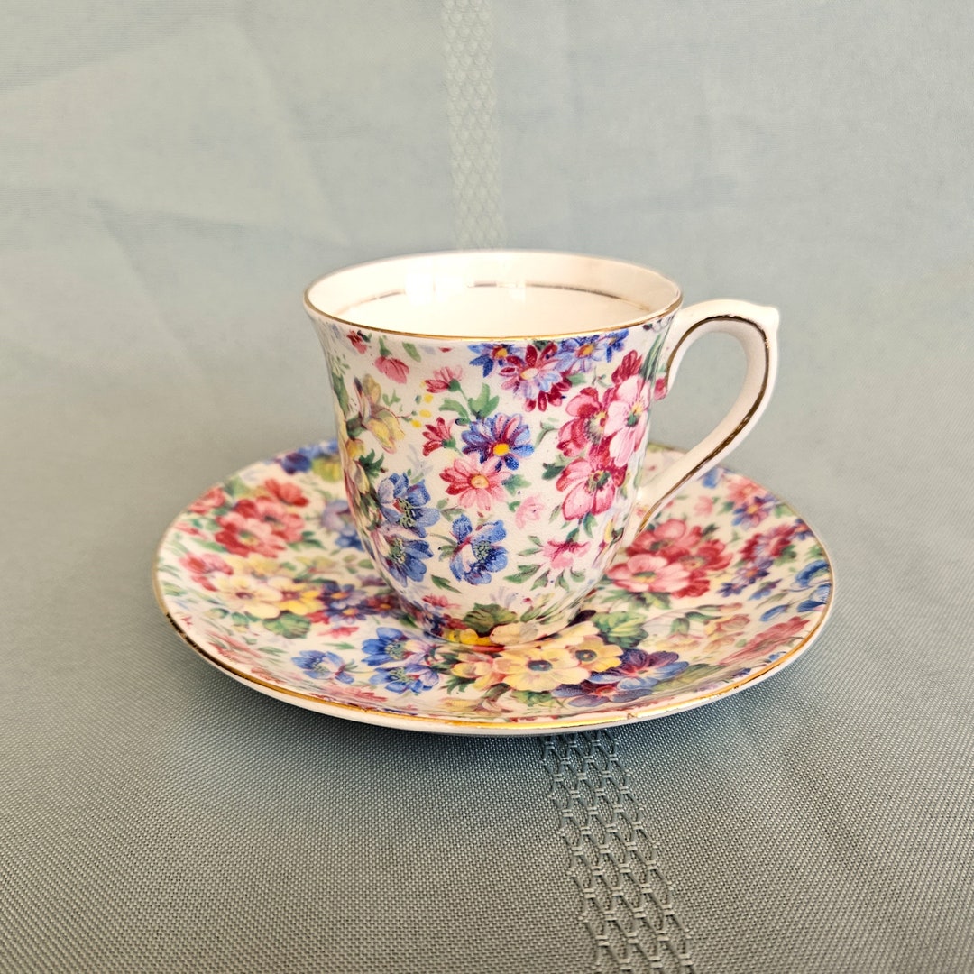 Colclough Chintz Demitasse Cup & Saucer, Pink, Blue, Yellow Flowers ...