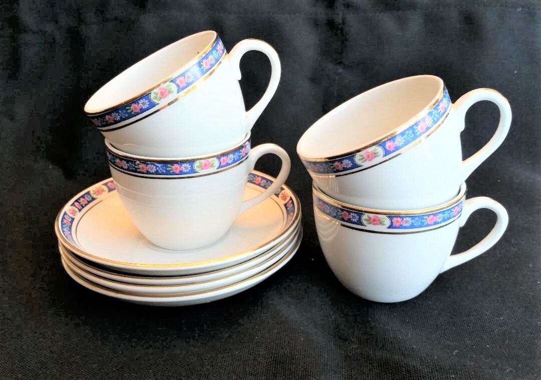 4 Soho Pottery Demitasse Cups & Saucers, Blue and Gold Band of Pink ...