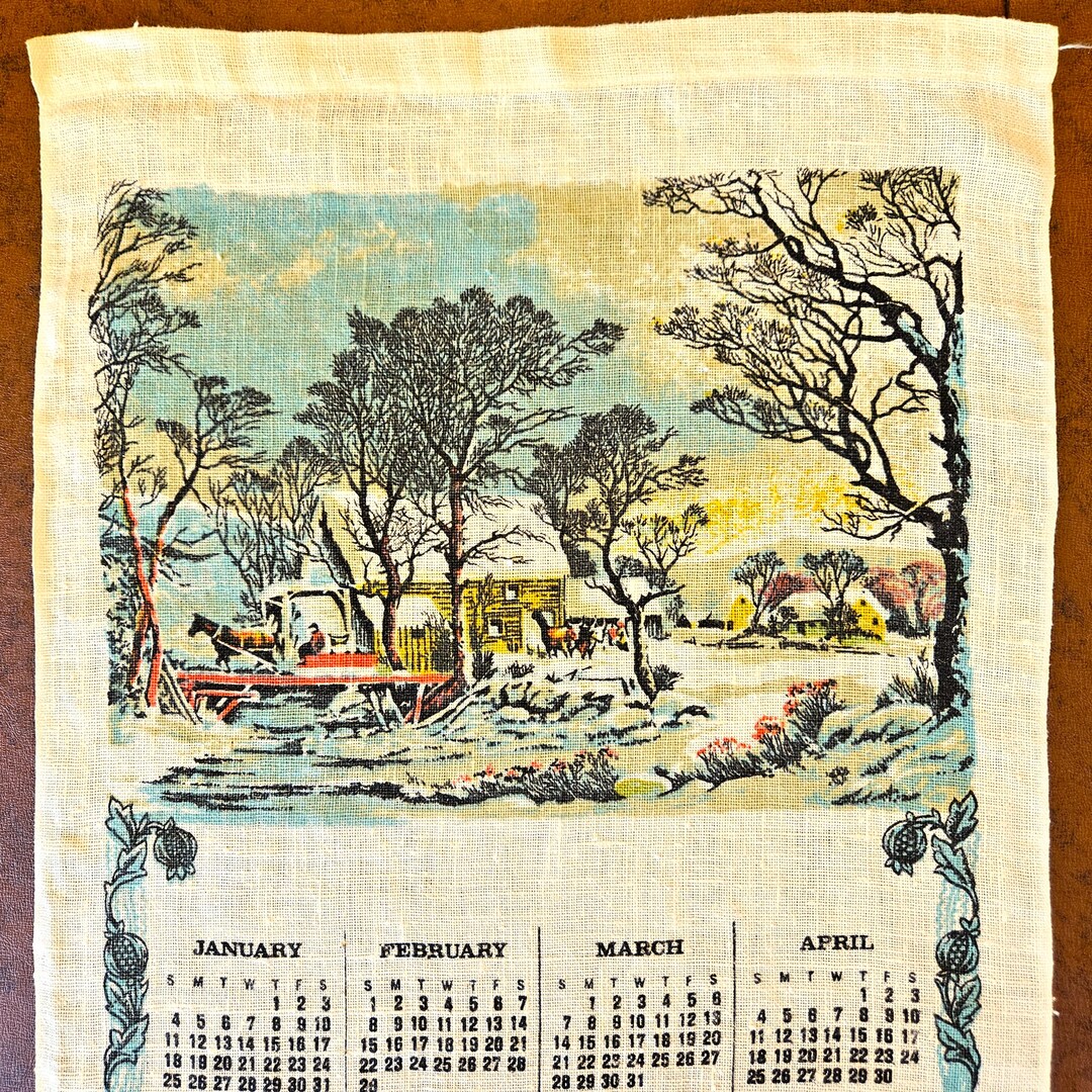 1976 Calendar Dish Towel, Winter Morning on a Colonial Farm, Currier ...