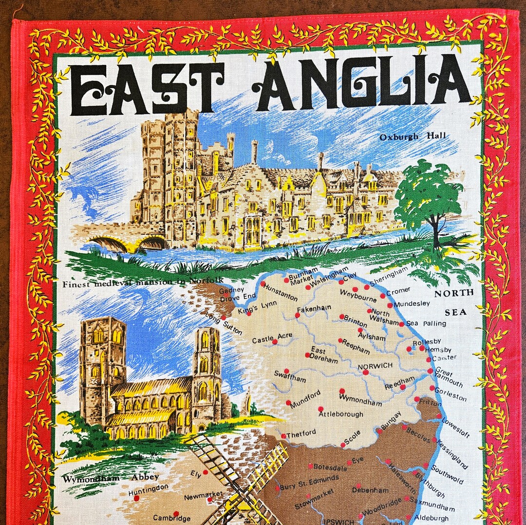 Souvenir of East Anglia England Tea or Dish Towel, With Map, Castles ...