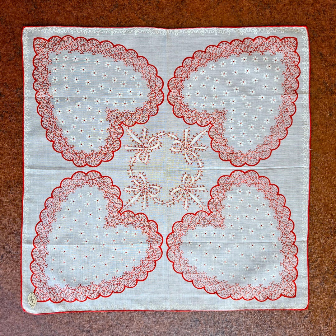 Valentine Hearts, Flowers & Bows Hanky Handkerchief, Unused NWT Burmel ...