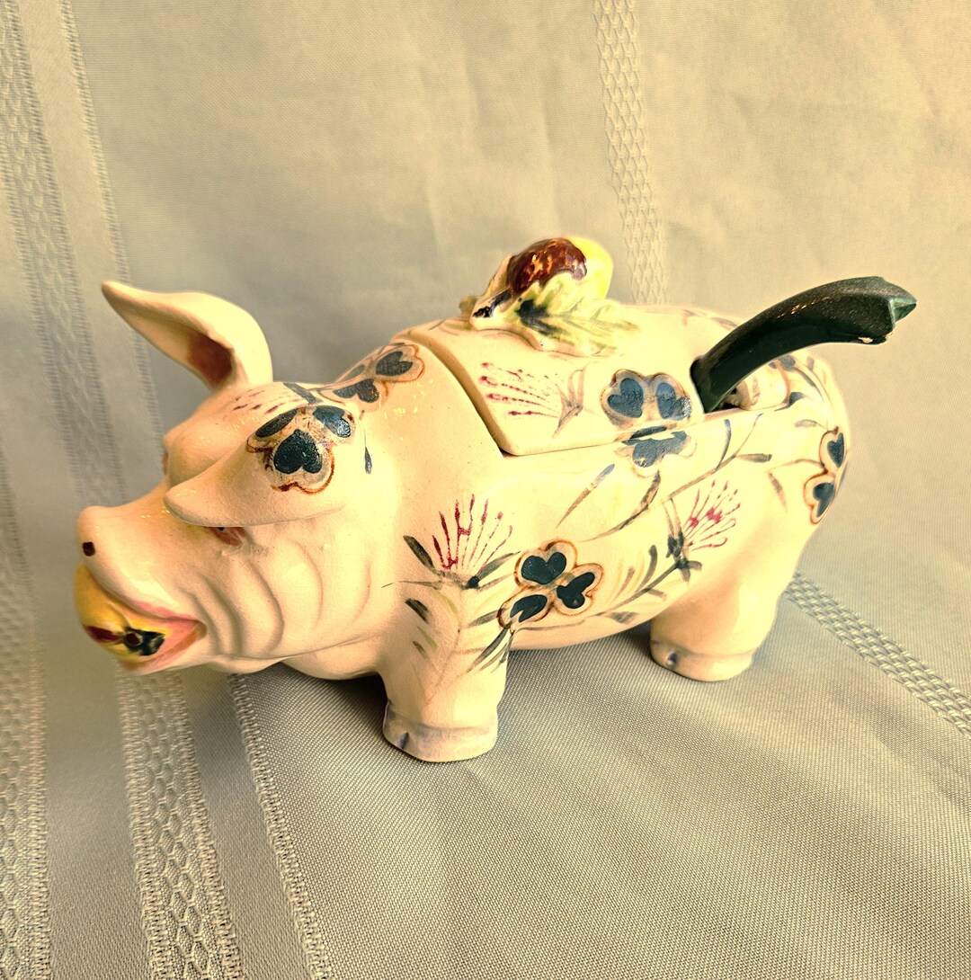 Hand Painted Pottery Pig Covered Condiment or Mustard Pot & Spoon ...