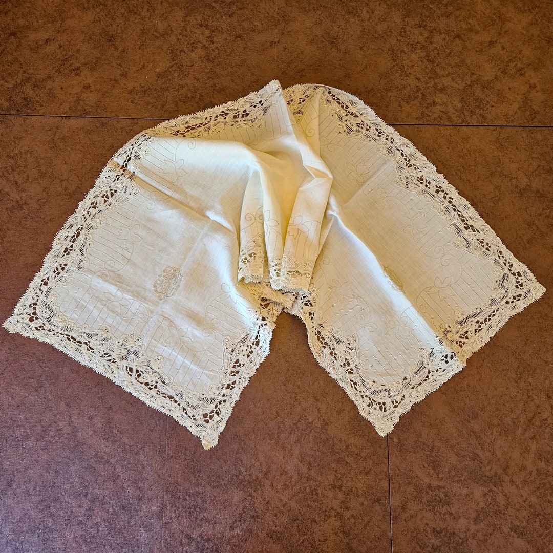 Italian Tape Lace Table Runner, BOD Monogram 51 X 14 or Bureau Scarf ...