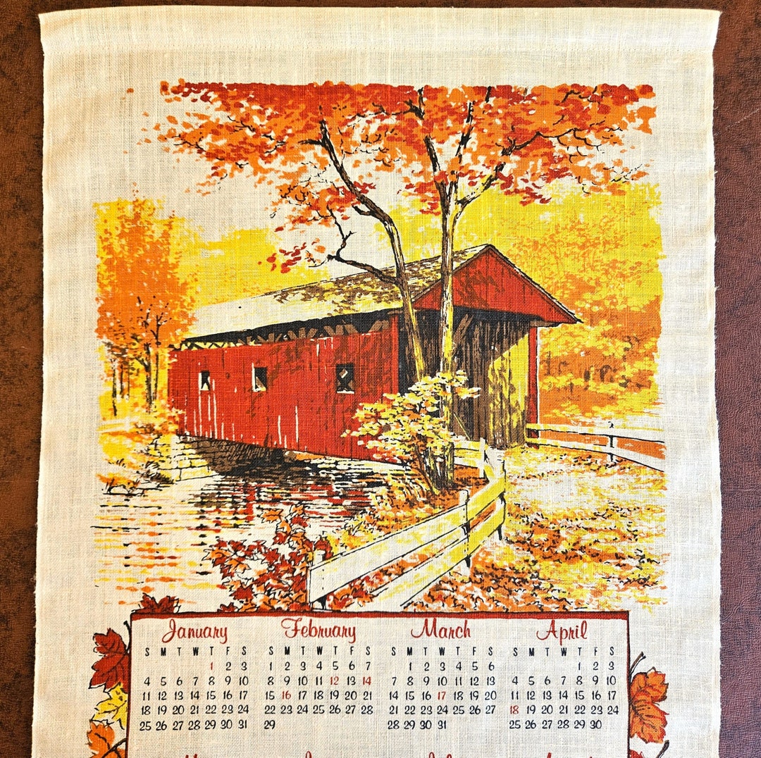 1976 Calendar Towel, Covered Bridge in the Fall, Autumn Linen Dish ...