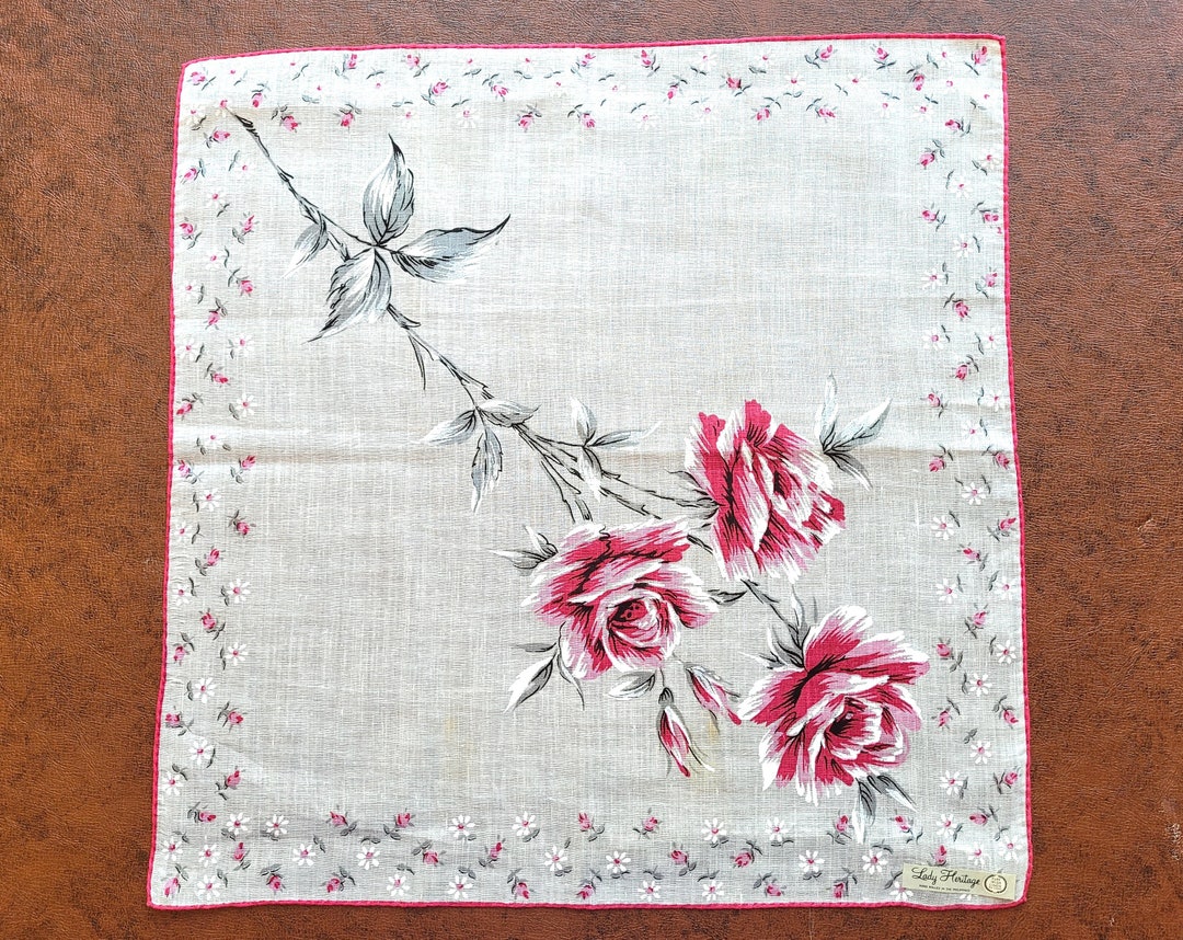Pink Roses Hanky Handkerchief 14" Sq, Lady Heritage Label, Unused, Hand ...
