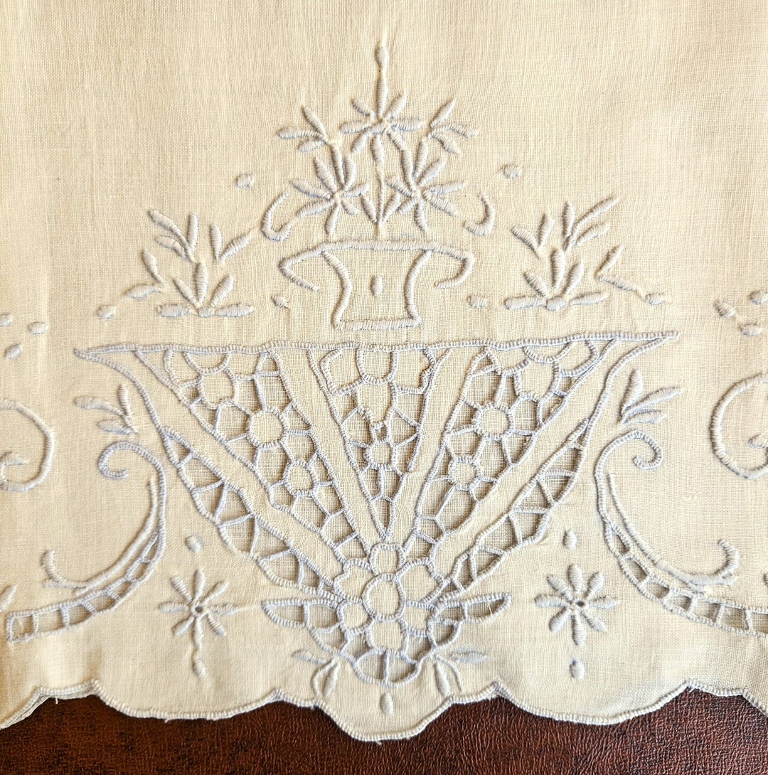 Pillowcase Madeira Style Cutwork & Hand Embroidery in Blue on Light ...
