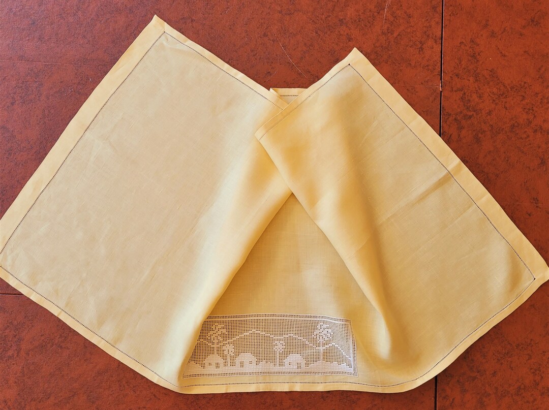 Yellow Linen Table Runner, Buffet Cloth, or Bureau Scarf, Trees ...