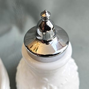 Stippled Grape Milk Glass Table Set, Muffineer, Salt & Pepper Shakers ...