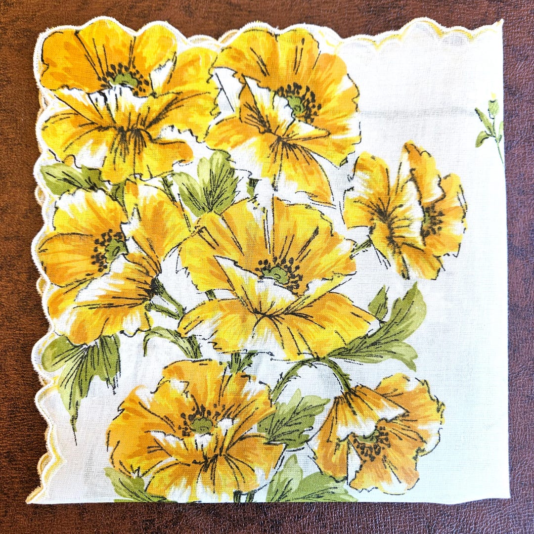 Golden Yellow Poppies Hanky Handkerchief 14" Sq, Cotton, Hand Painted ...