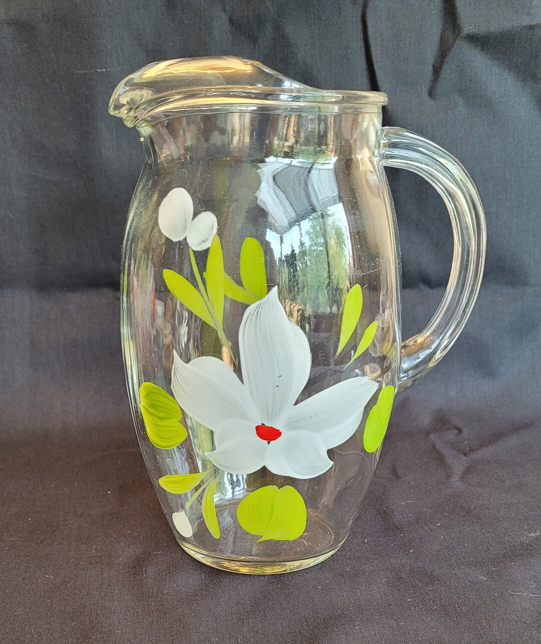 Magnolia Juice Pitcher, 7.5" Tall, Clear With Hand Painted White ...