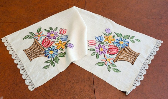 Flower Basket Table Runner or Bureau Scarf Hand Embroidered in Bold Colors on Cream Linen Crochet Trim 44 X 16.75 Excellent Vintage Cond Etsy UK