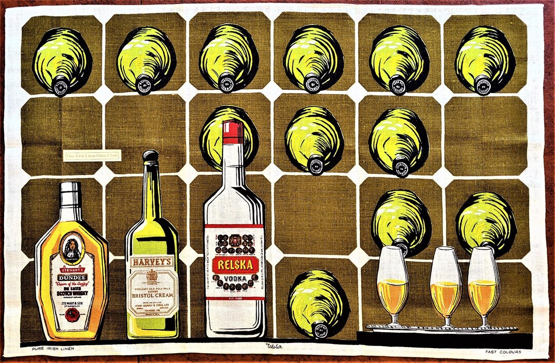 Scotch Sherry Vodka Dish, Tea, or Bar Towel, Bottles, Glasses, Wine ...
