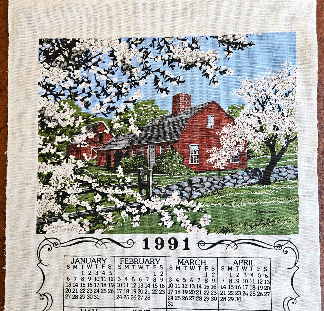 1991 Calendar Towel, Cape Cod Farm Scene in Spring, by R. Batchelder ...