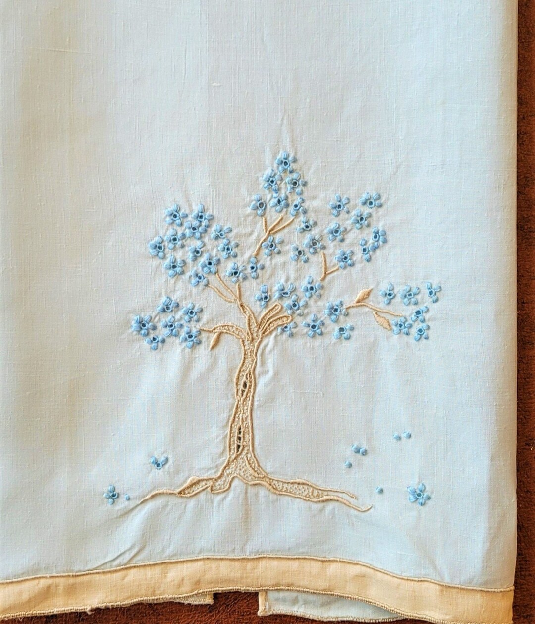 Jacaranda Tree Embroidered Tea, Hand or Guest Towel, Blue Linen With ...