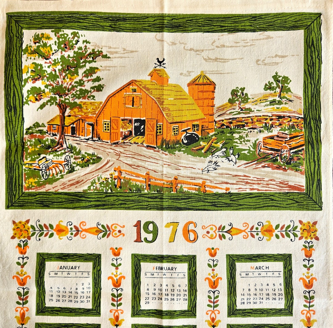 1976 Calendar Towel or Dishtowel, Orange Barn With Silo, Wagons ...
