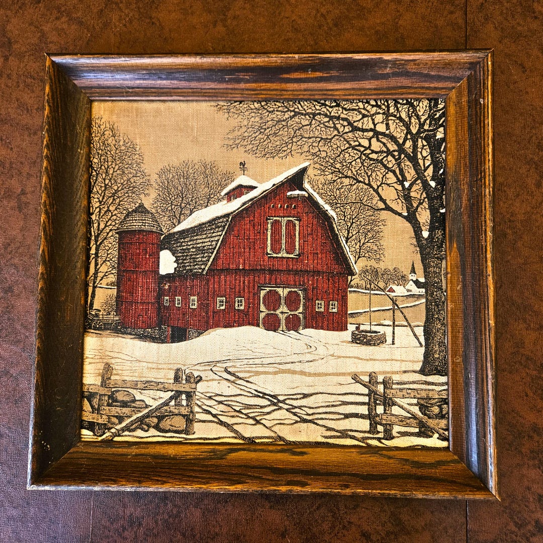 Framed Kay Dee Linen Print, Red Barn & Silo in Winter, Red, White ...