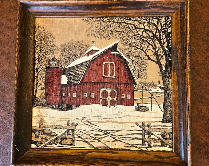 Framed Kay Dee Linen Print, Red Barn & Silo in Winter, Red, White ...