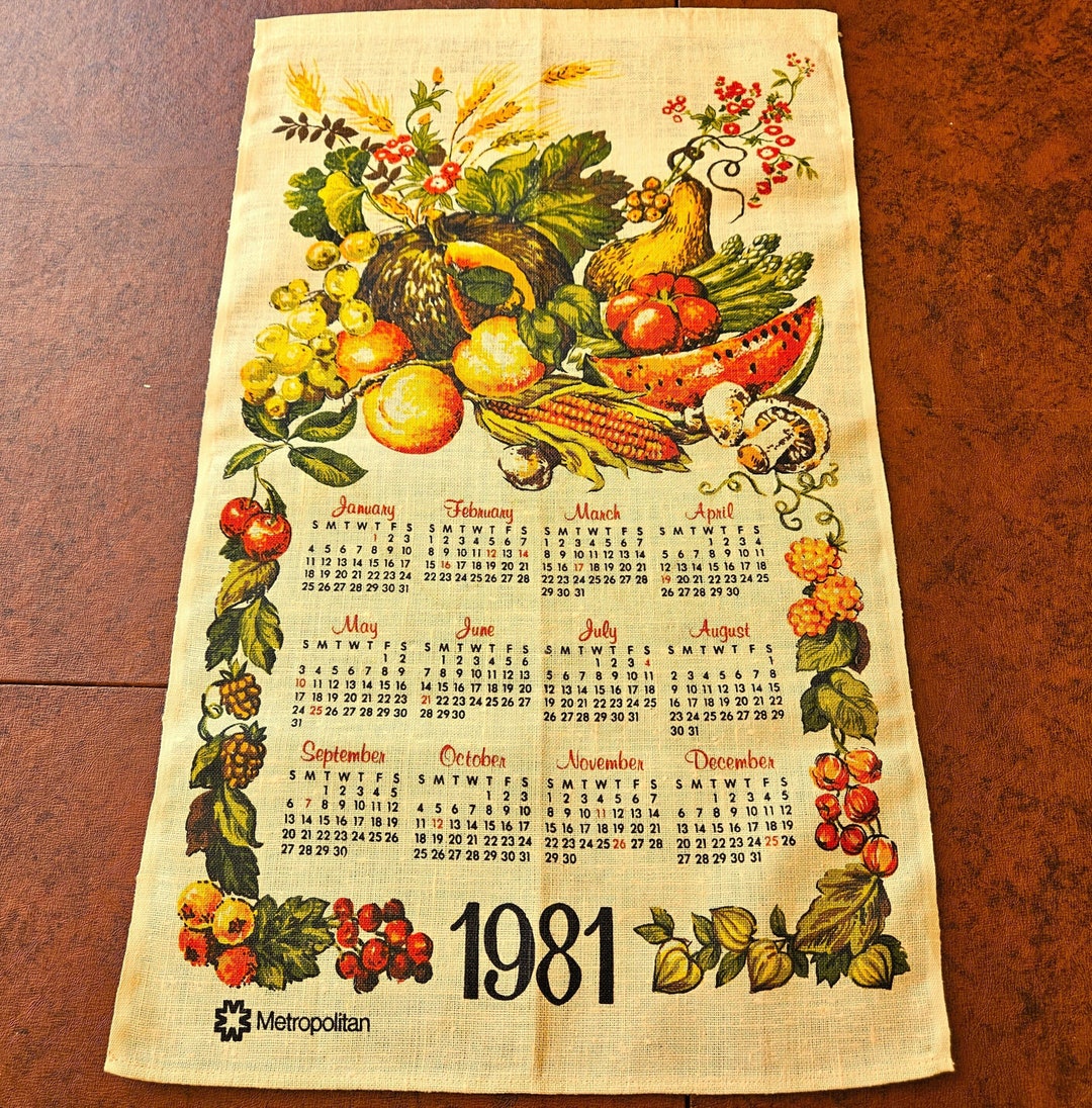 1981 Calendar Towel, Linen Dish Towel, Autumn Harvest Fruits ...