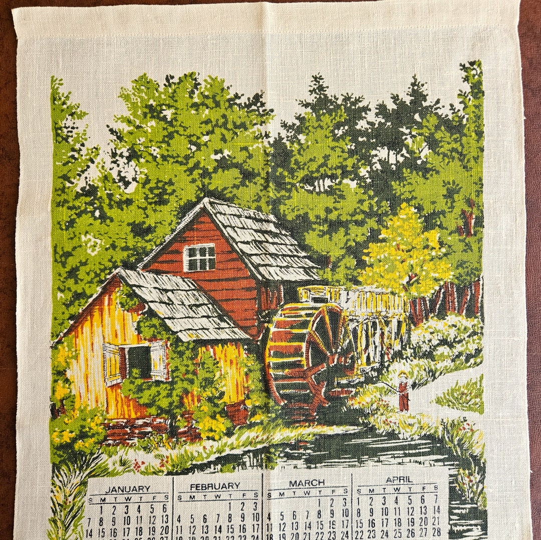 1973 Calendar Dish Towel, Mill on Pond With Water Wheel, Green, Gold ...