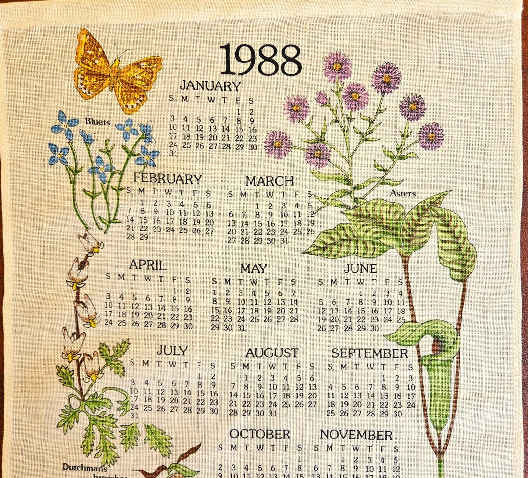 1988 Calendar Dish Towel, New England Wildflowers on Linen Blend by ...