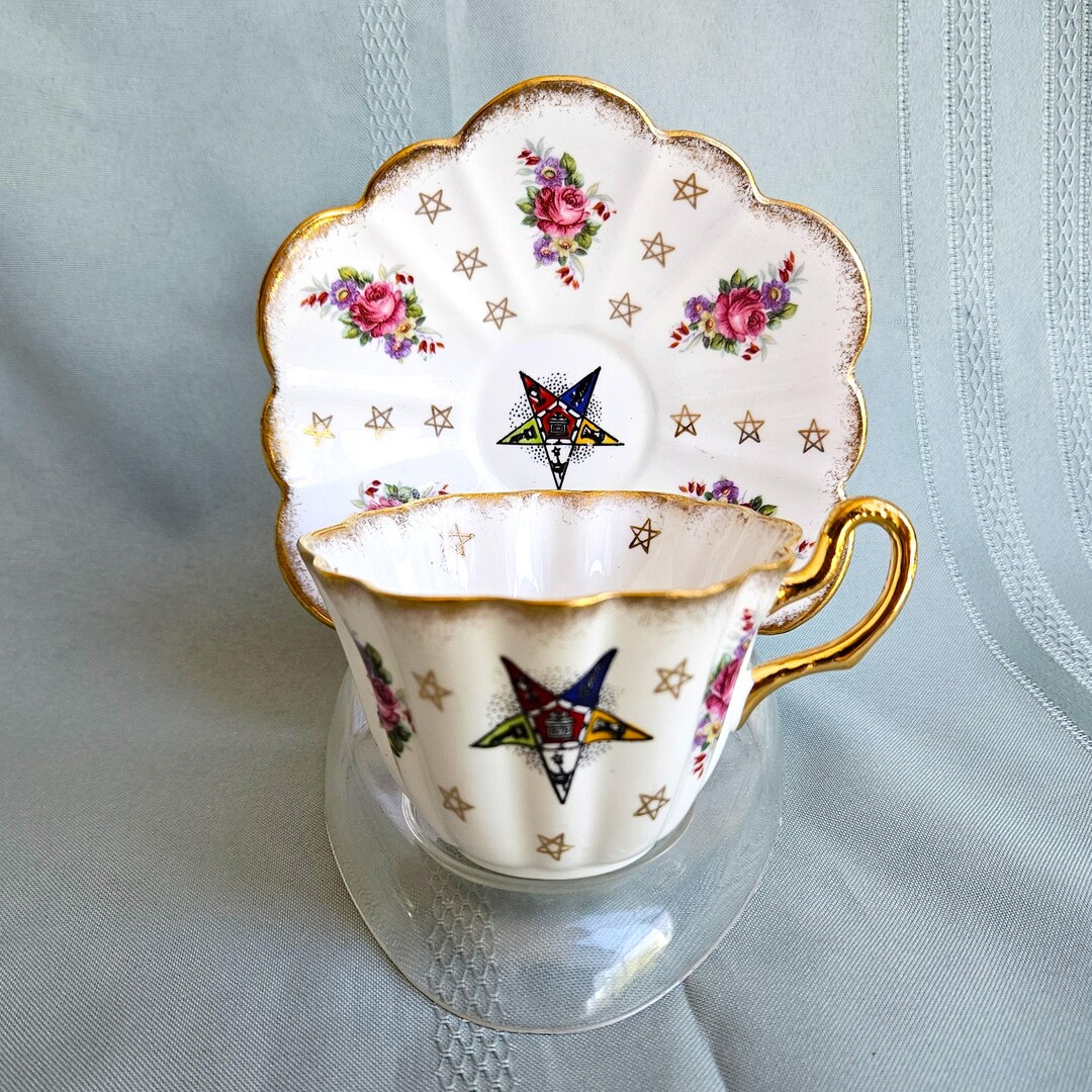 Royal Stuart Eastern Star Teacup & Saucer, Gold Stars, Pink Roses ...