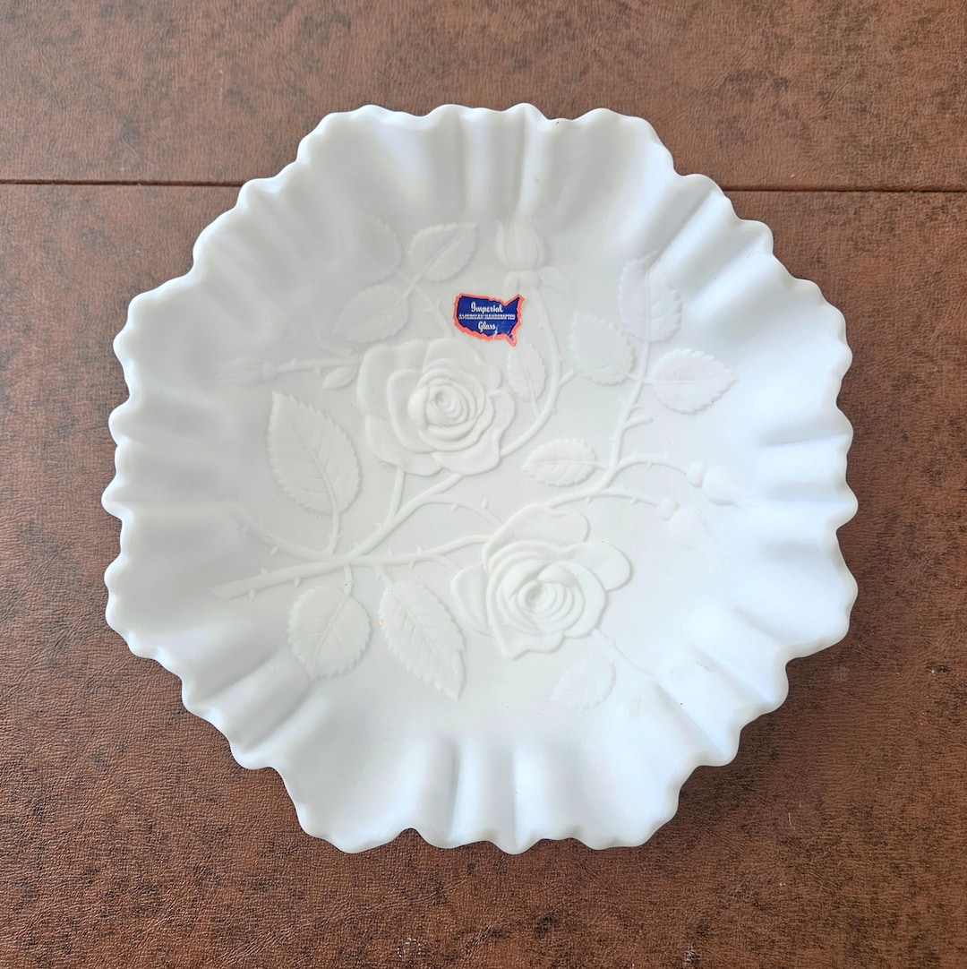Rose Milk Glass Crimped Bowl, 9.25" Round, 3" Deep, Imperial Glass Co ...