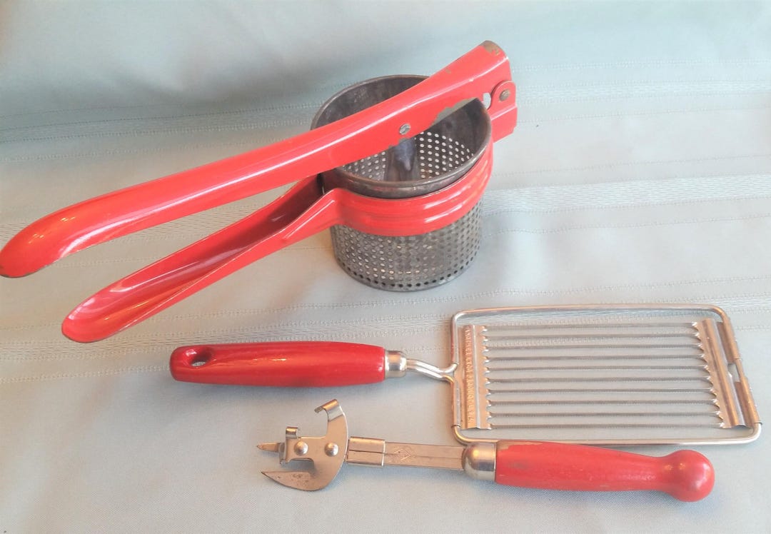 3 Red Handled Kitchen Utensils, Tin Potato Ricer, A & J Can Opener, and ...
