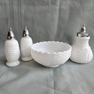 Stippled Grape Milk Glass Table Set, Muffineer, Salt & Pepper Shakers ...