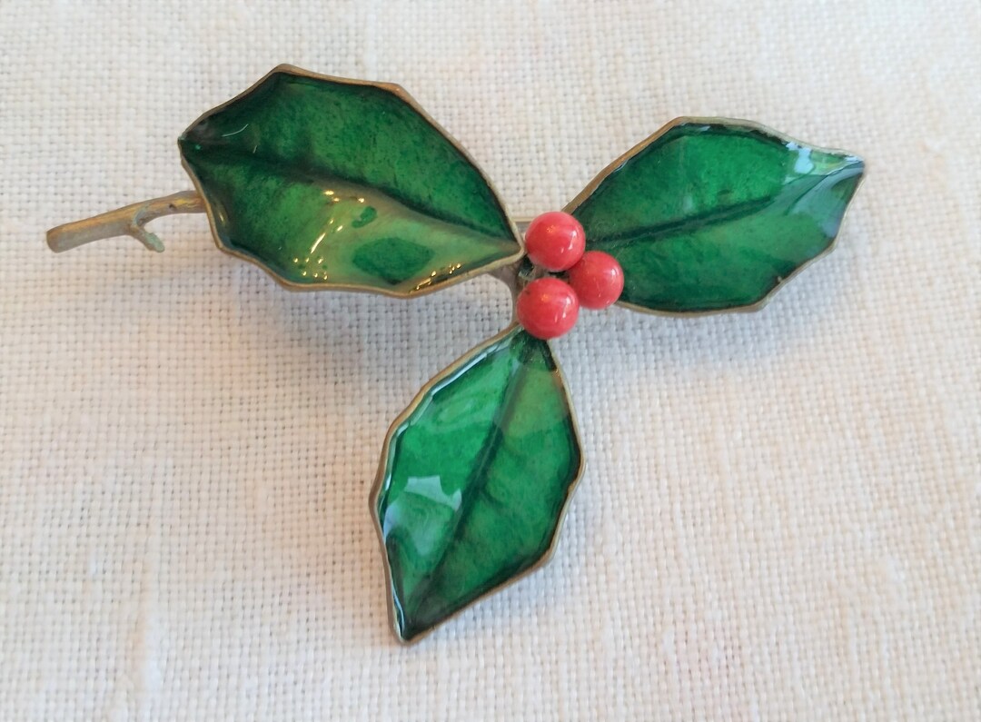 Michael Michaud Holly Leaf & Berries Pin or Brooch, Green Enameled ...