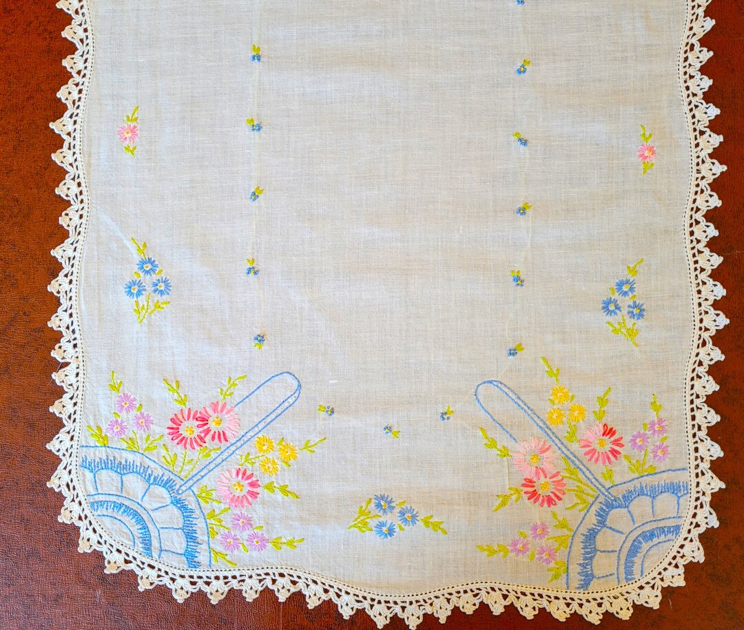 Flower Baskets Bureau Scarf or Table Runner, Hand Embroidered Pastels ...