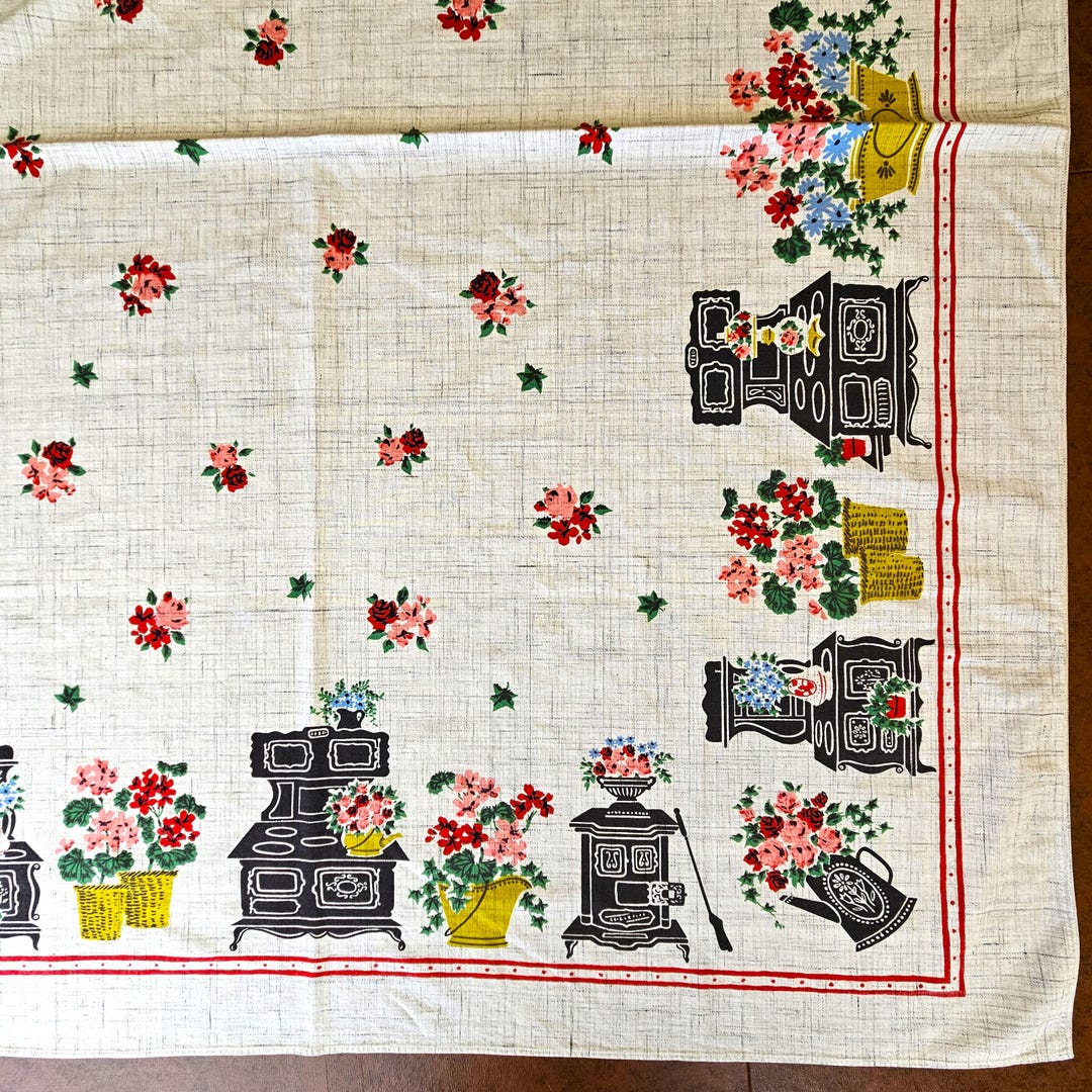 Simtex Memories Tablecloth 61" X 50" Antique Stoves, Geraniums ...
