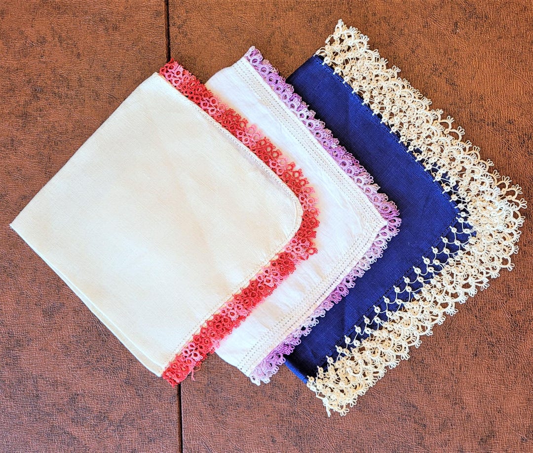 Three Assorted Linen Hankies Trimmed With Hand Tatting, Blue, Ivory ...
