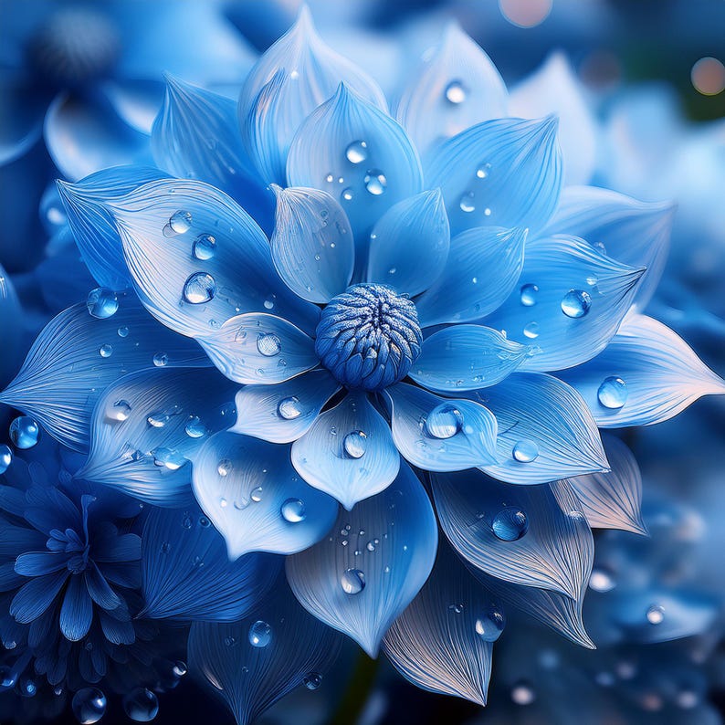 Ai-created Blue Flower With Water Droplets – Digital Art, Detailed ...