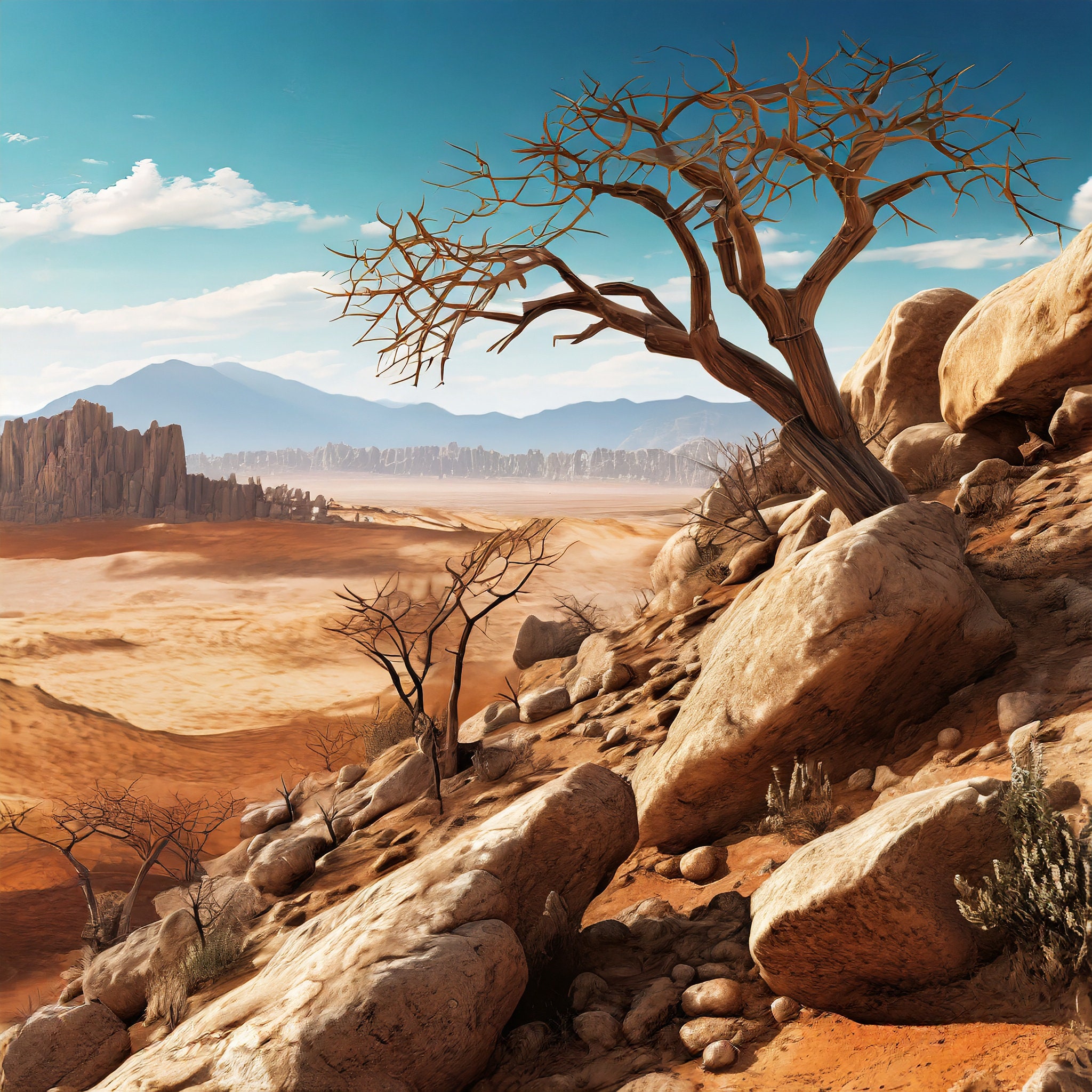 Desert Landscape With Dried Trees and Cliff Stones Ai-created Digital ...