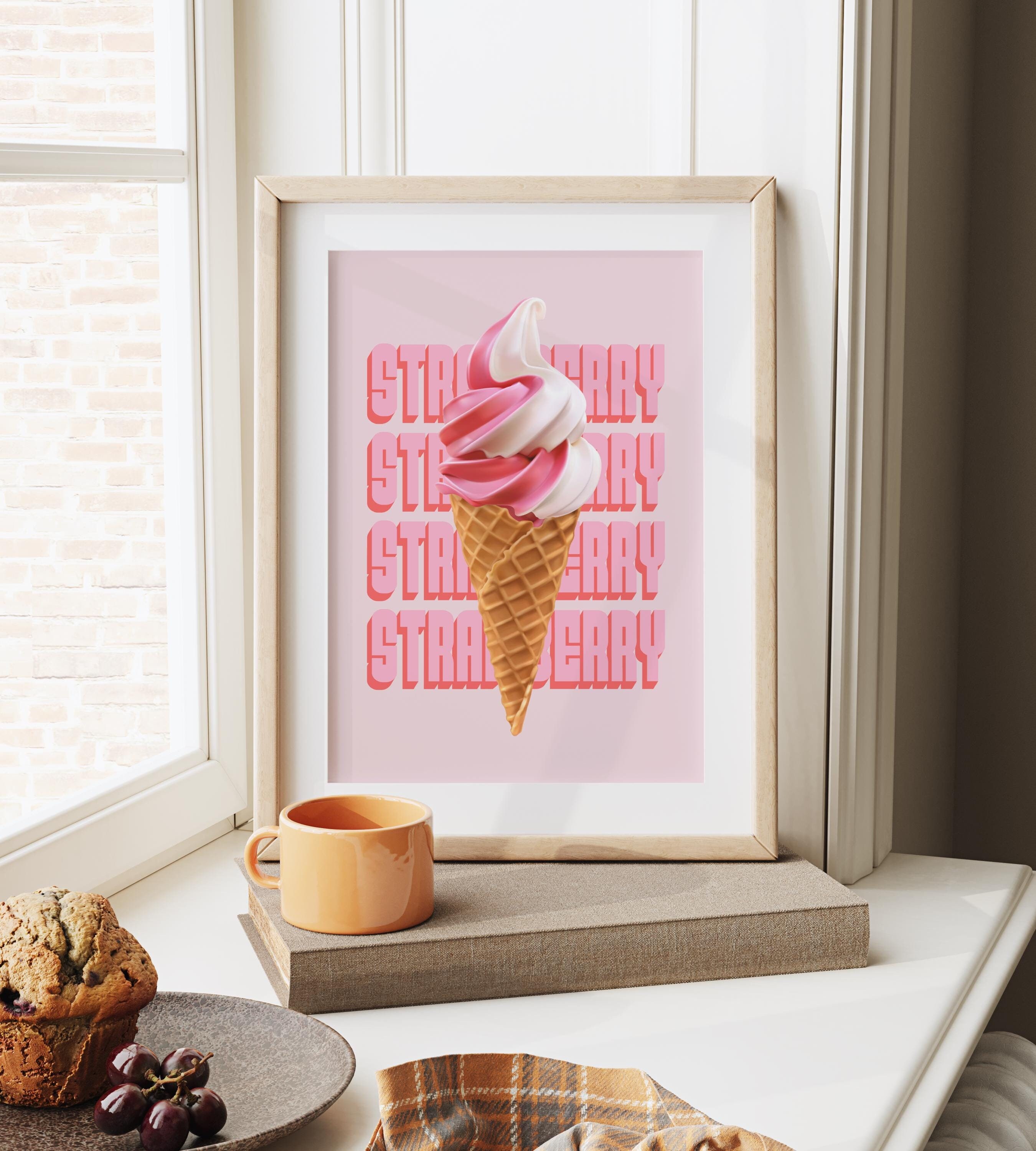 Strawberry Ice Cream Retro Wall Art, Trendy Kitchen Wall Art, Summer ...