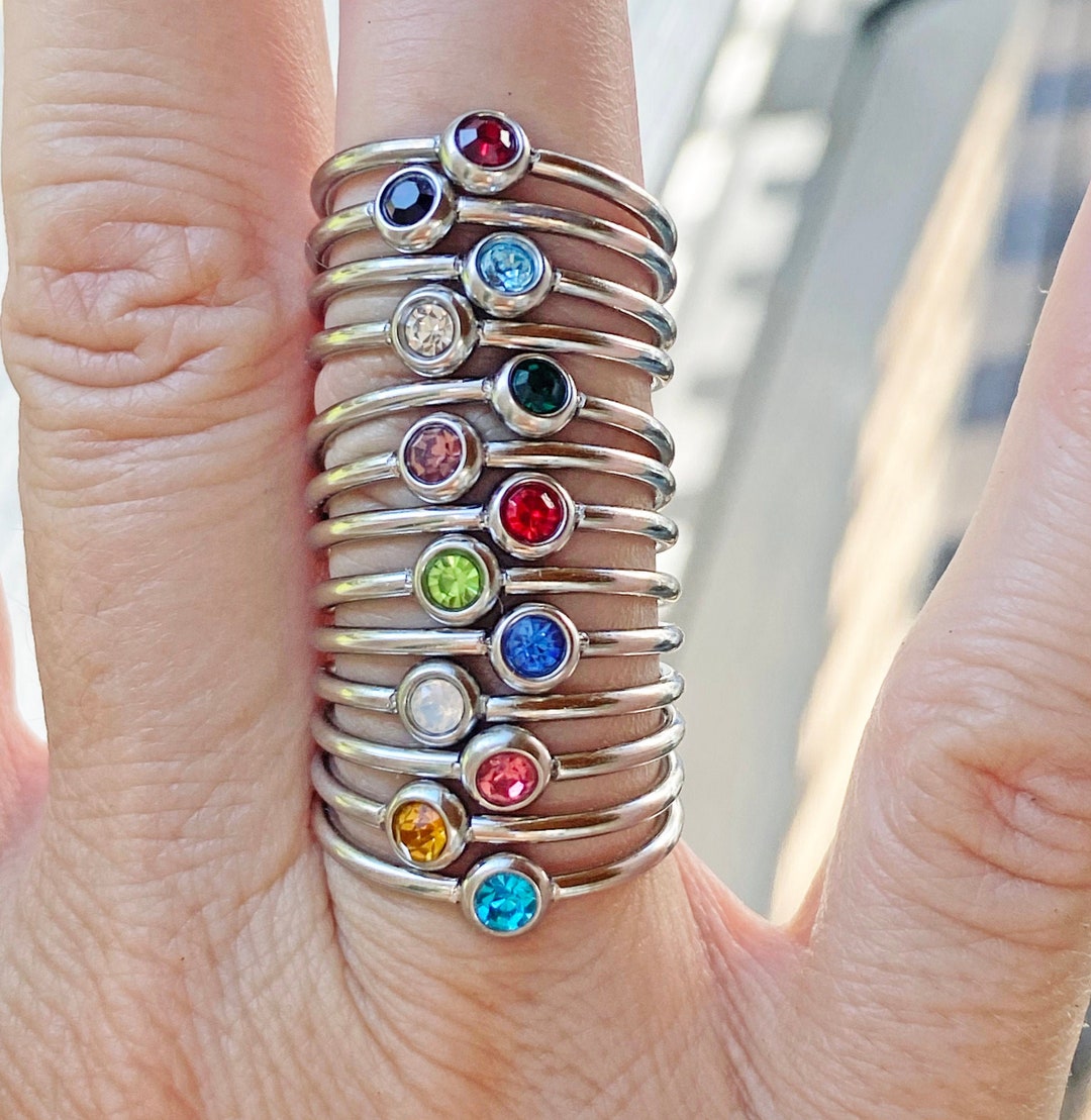 Stackable Birthstone Ring, Thin, Dainty Stainless Steel Crystal Gem ...
