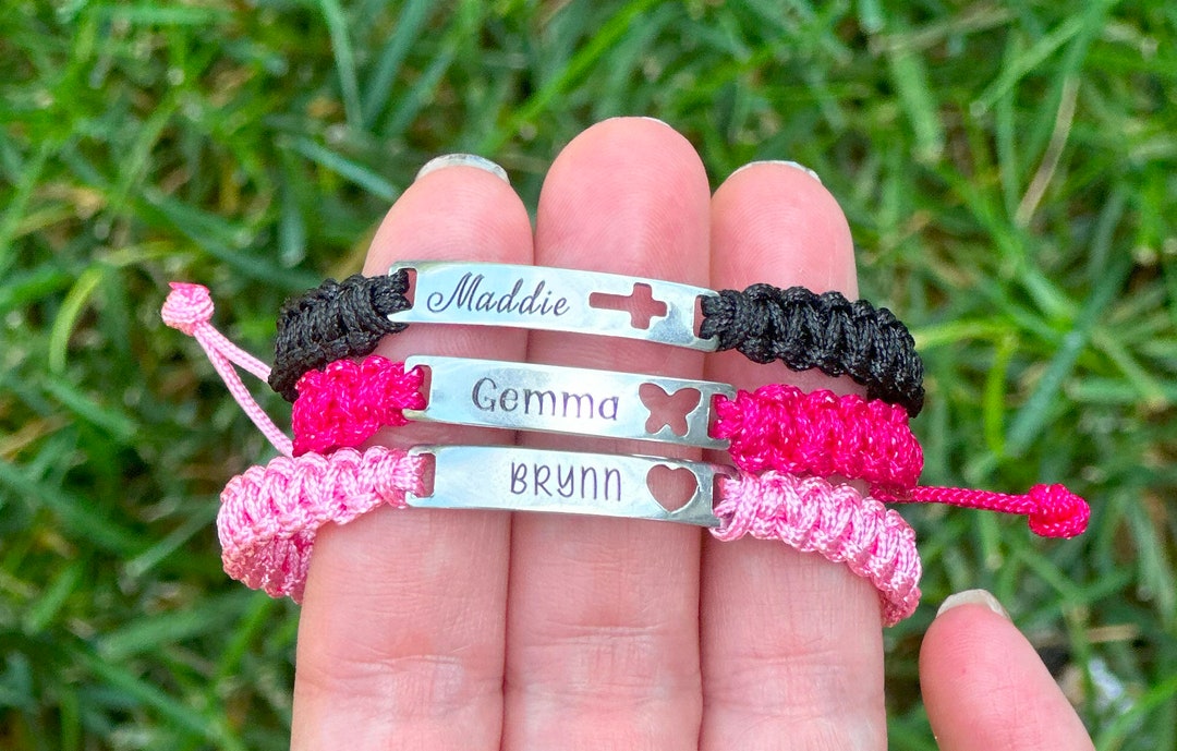 Name Tag Friendship Cord Bracelet, Metal Tag With Heart, Butterfly or ...