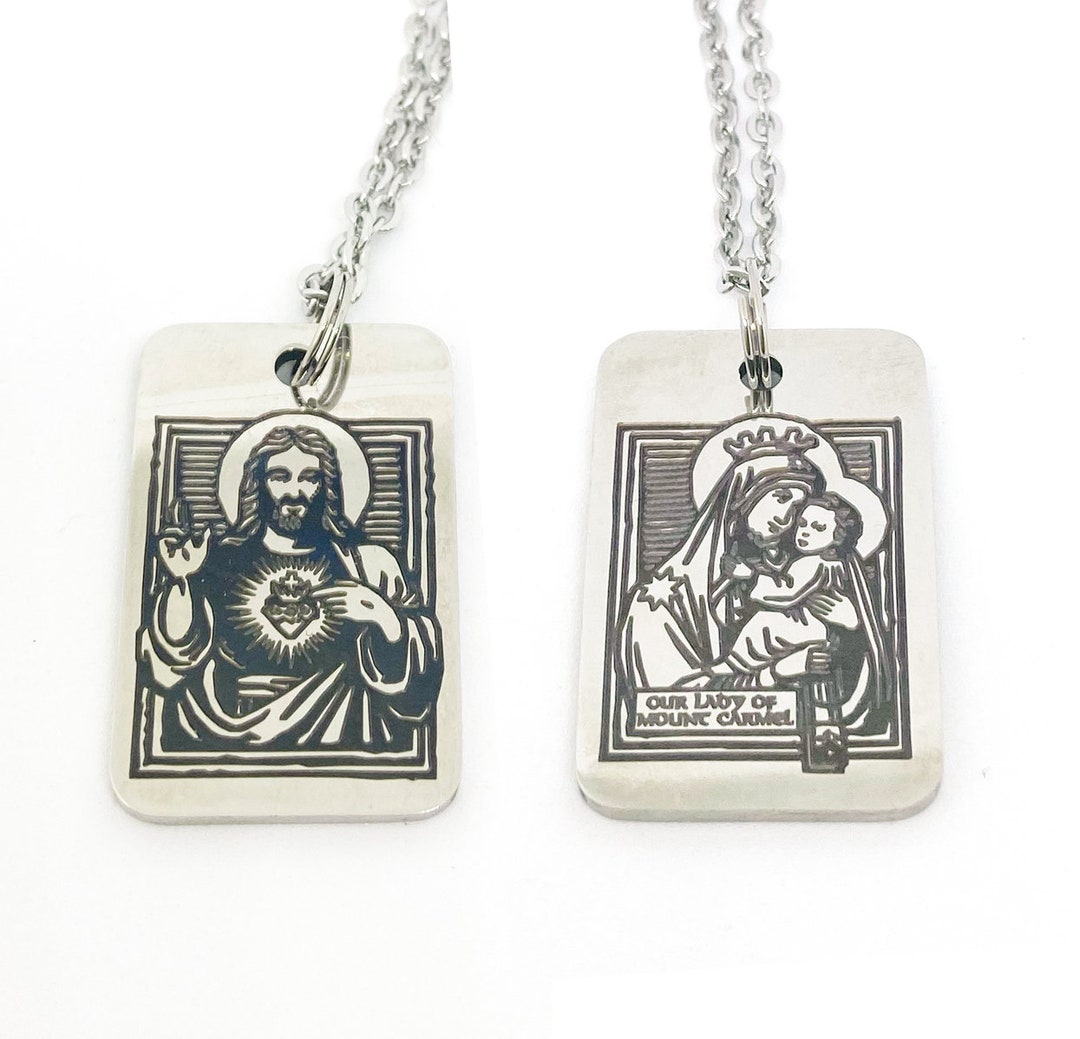 Metal Catholic Scapular Necklace, Engraved Double-sided Stainless Steel ...