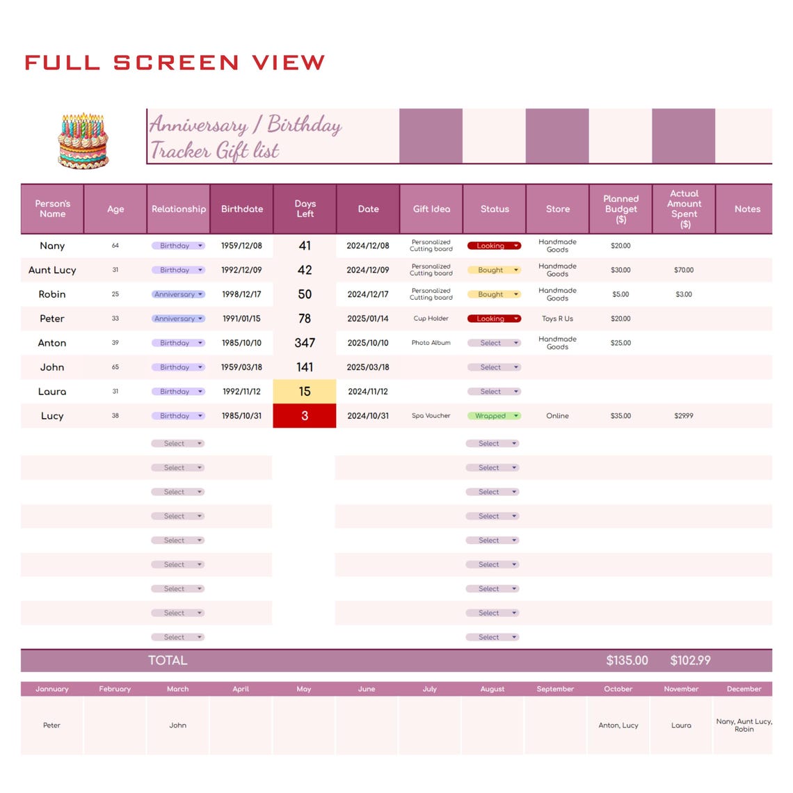 Anniversary & Birthday Tracker Spreadsheet for Google Sheets (digital ...