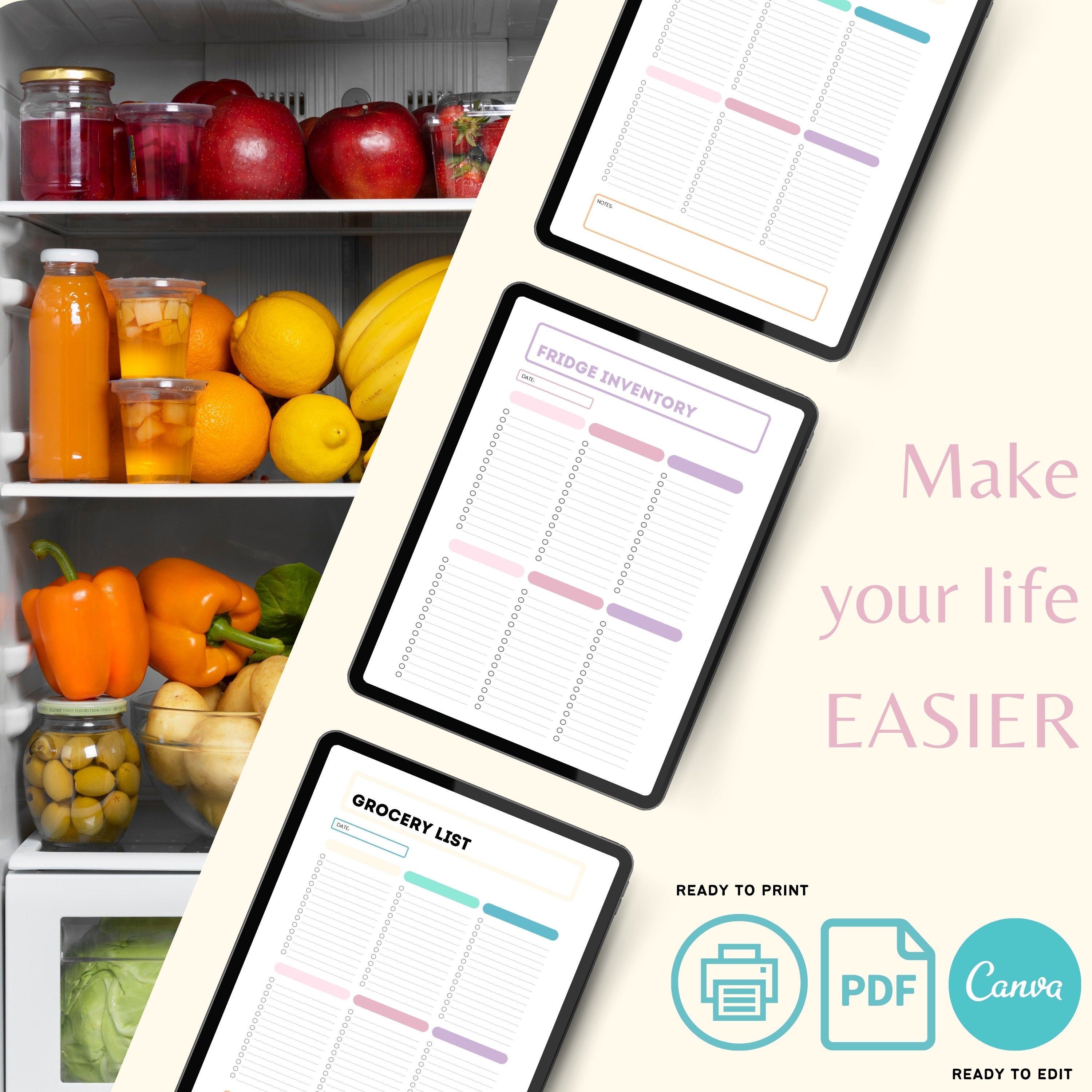 Grocery List & Kitchen Inventory: Printable Digital Template (3 Sizes ...