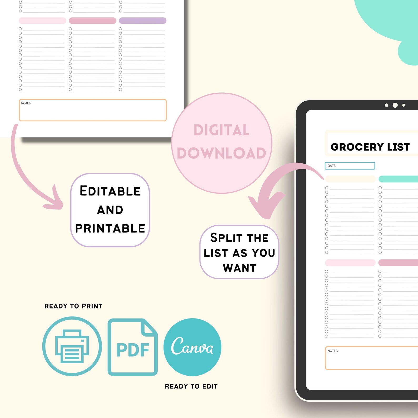 Grocery List & Kitchen Inventory: Printable Digital Template (3 Sizes ...