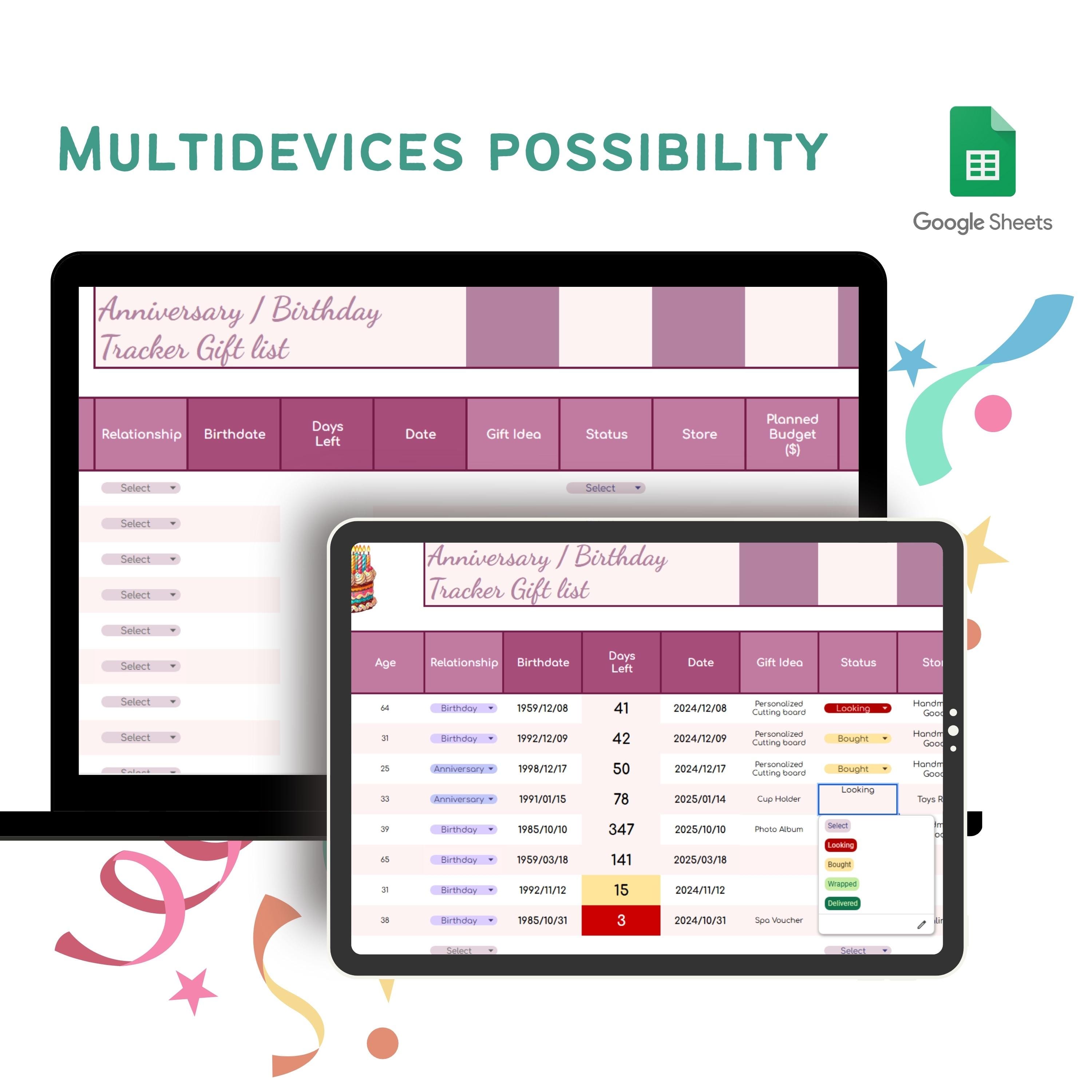 Anniversary & Birthday Tracker Spreadsheet for Google Sheets (digital ...