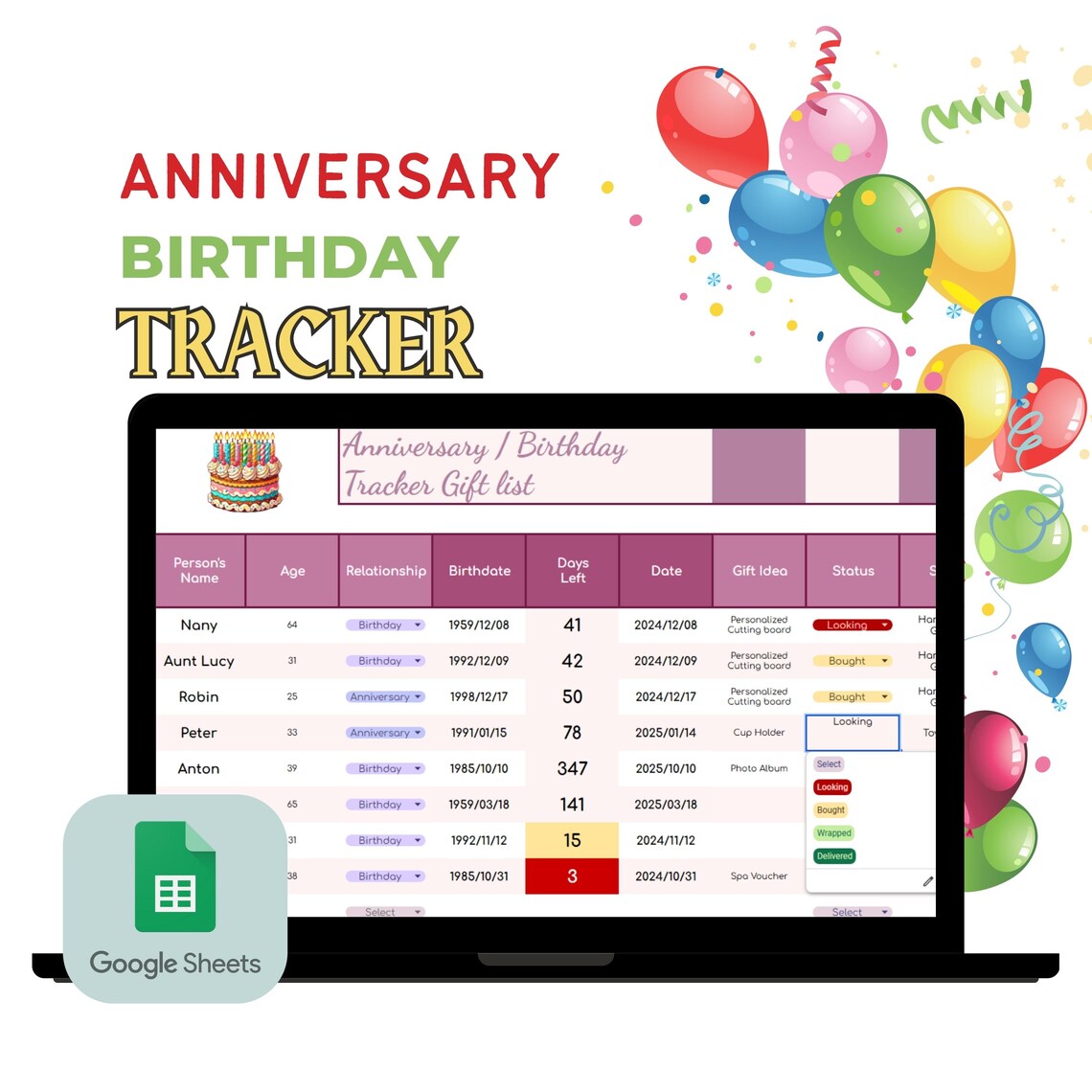 Anniversary & Birthday Tracker Spreadsheet for Google Sheets (digital ...