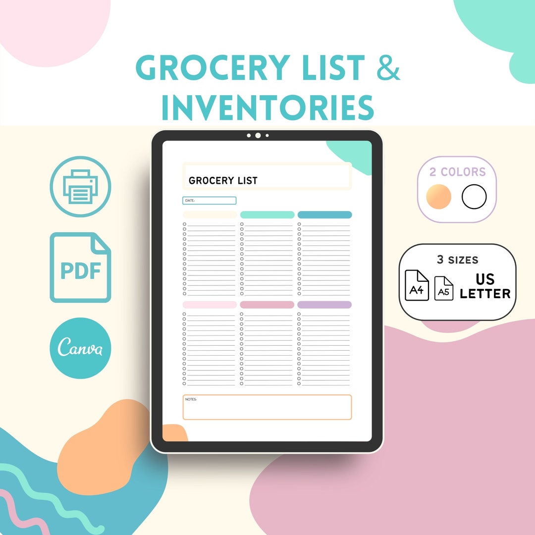 Grocery List & Kitchen Inventory: Printable Digital Template (3 Sizes ...