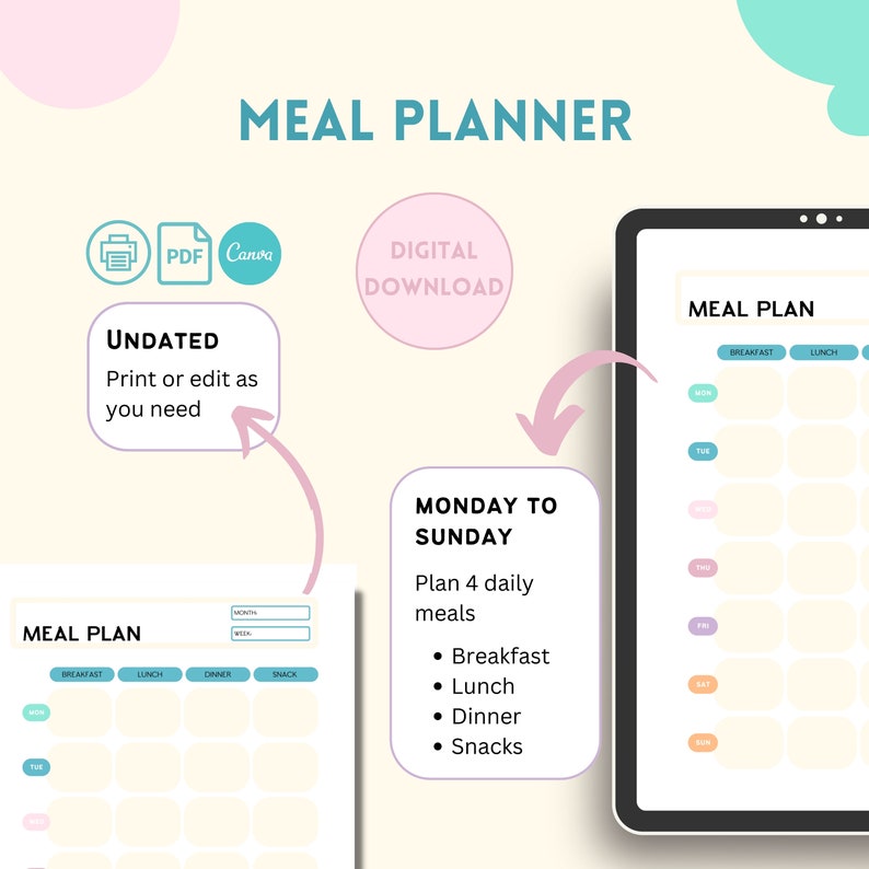 Meal Planner | Editable and Printable | 3 Versions | 3 Sizes | 3 Color ...