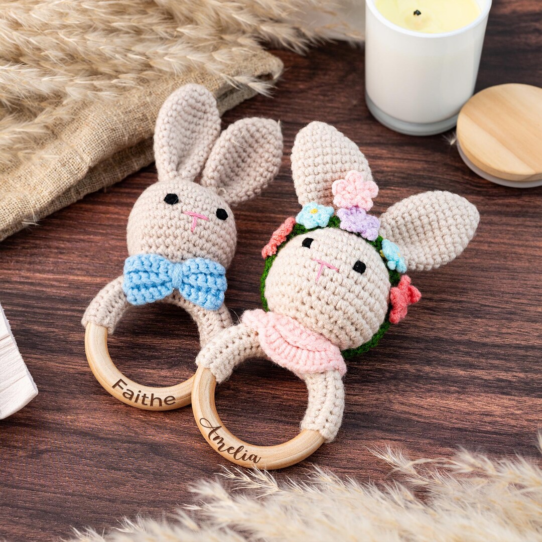 Engraved Wooden Rattle Ring for Newborn,personalized Animal Crochet ...