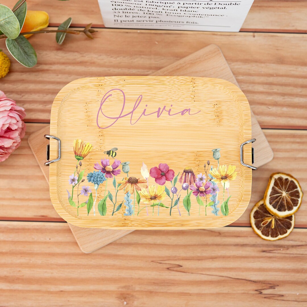 Personalised Flowers Lunch Box With Wooden Lid,custom Name Stainless ...
