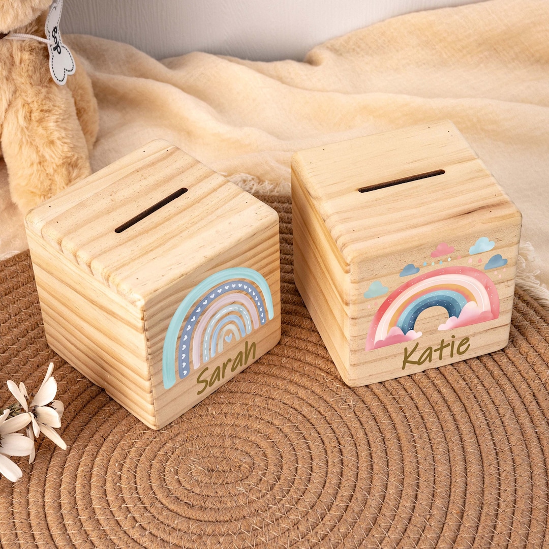 Rainbow Money Box,personalised Wooden Coin Box,kids Piggy Bank With ...