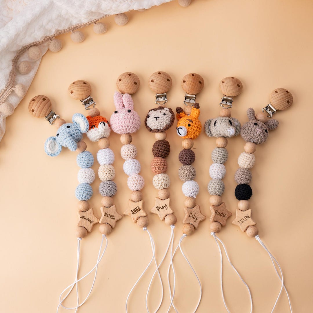 Personalised Dummy Clip With Crocheted Animal for Baby Shower Gift ...