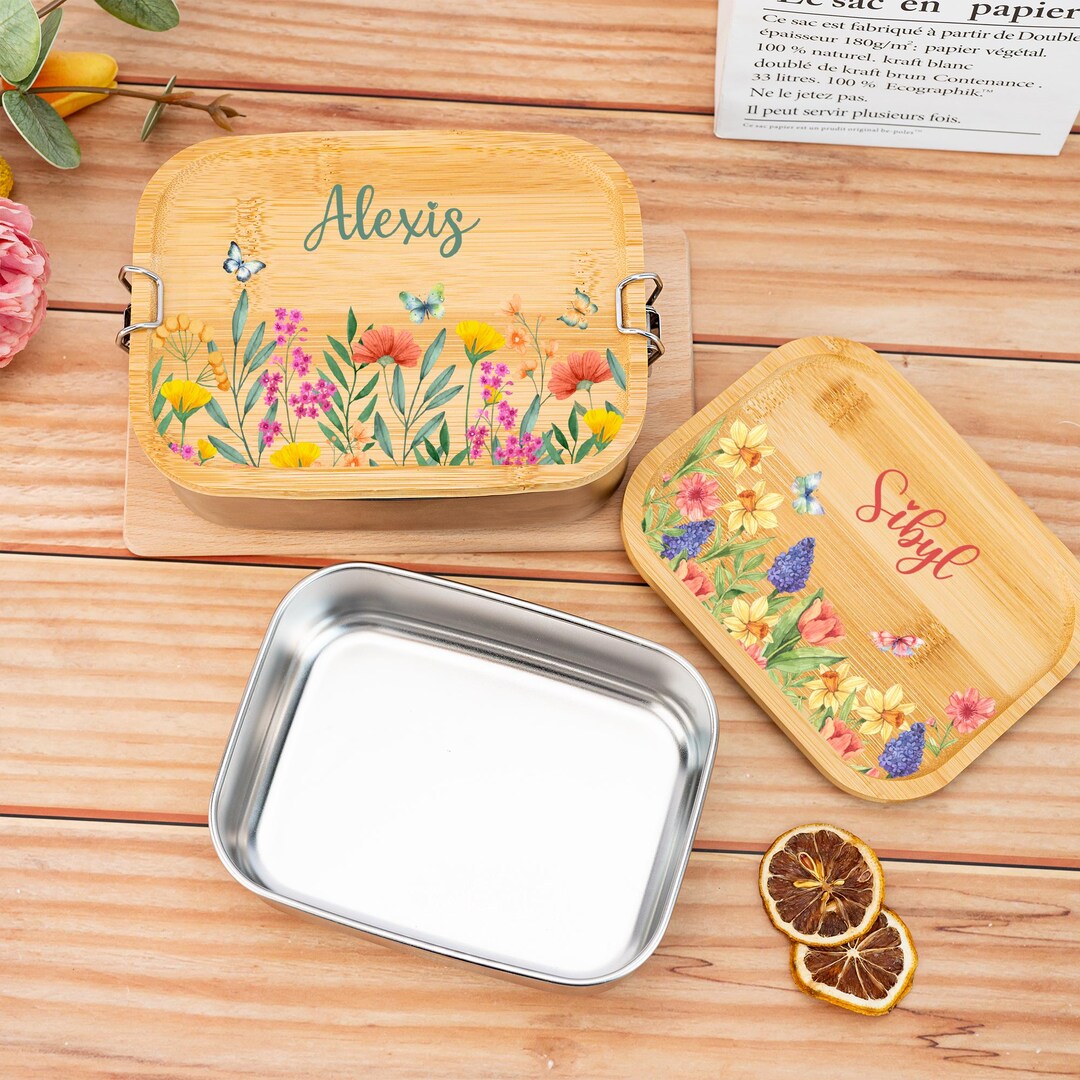 Personalised Flowers Lunch Box With Wooden Lid,custom Name Stainless ...